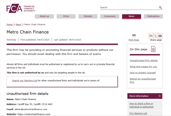 MetrochainFinance Alert – Blacklisted Broker with Poor Reviews